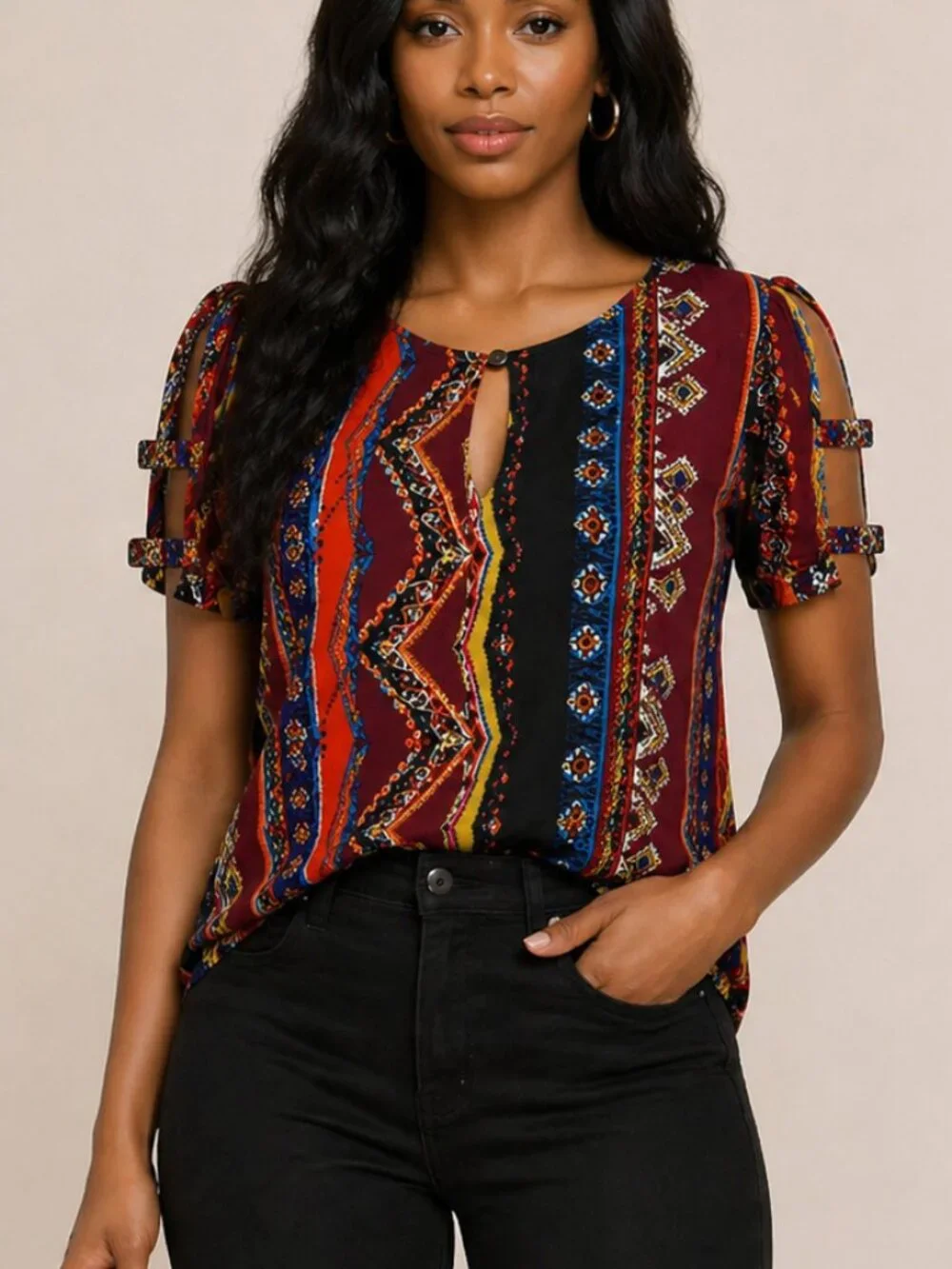 Tops | Boho Tribal Print Cold Shoulder Blouse Vibrant Geometric Pattern ...